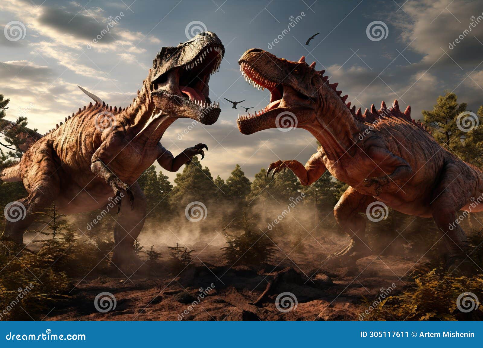 Dinosaur Scene of the Two Dinosaurs Fighting. Stock Illustration ...