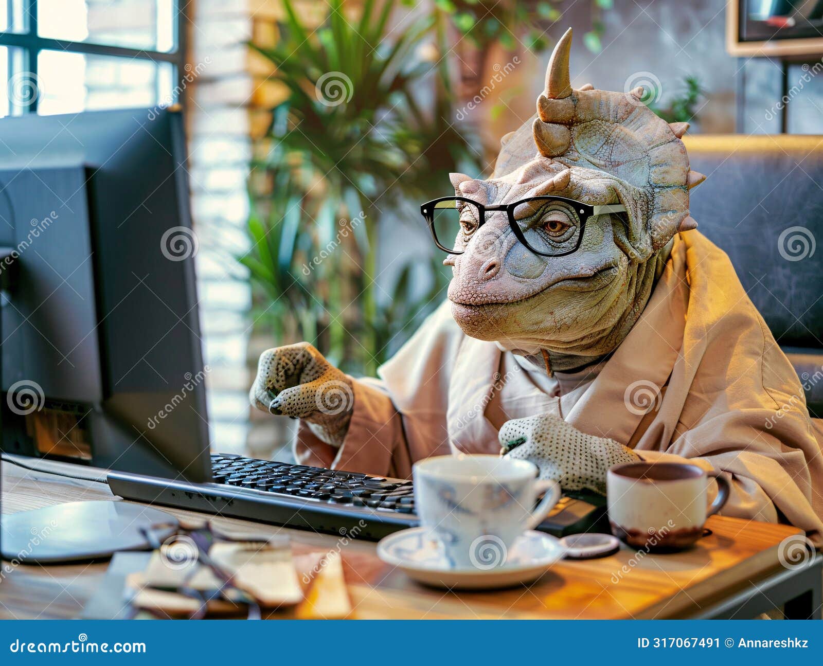 A Dinosaur at a Desk with a Computer and Tableware Stock Image - Image ...