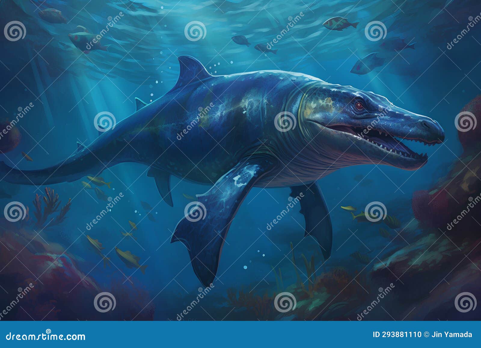 Dinosaur Shark in the Deep Blue Ocean. 3D Illustration Stock ...