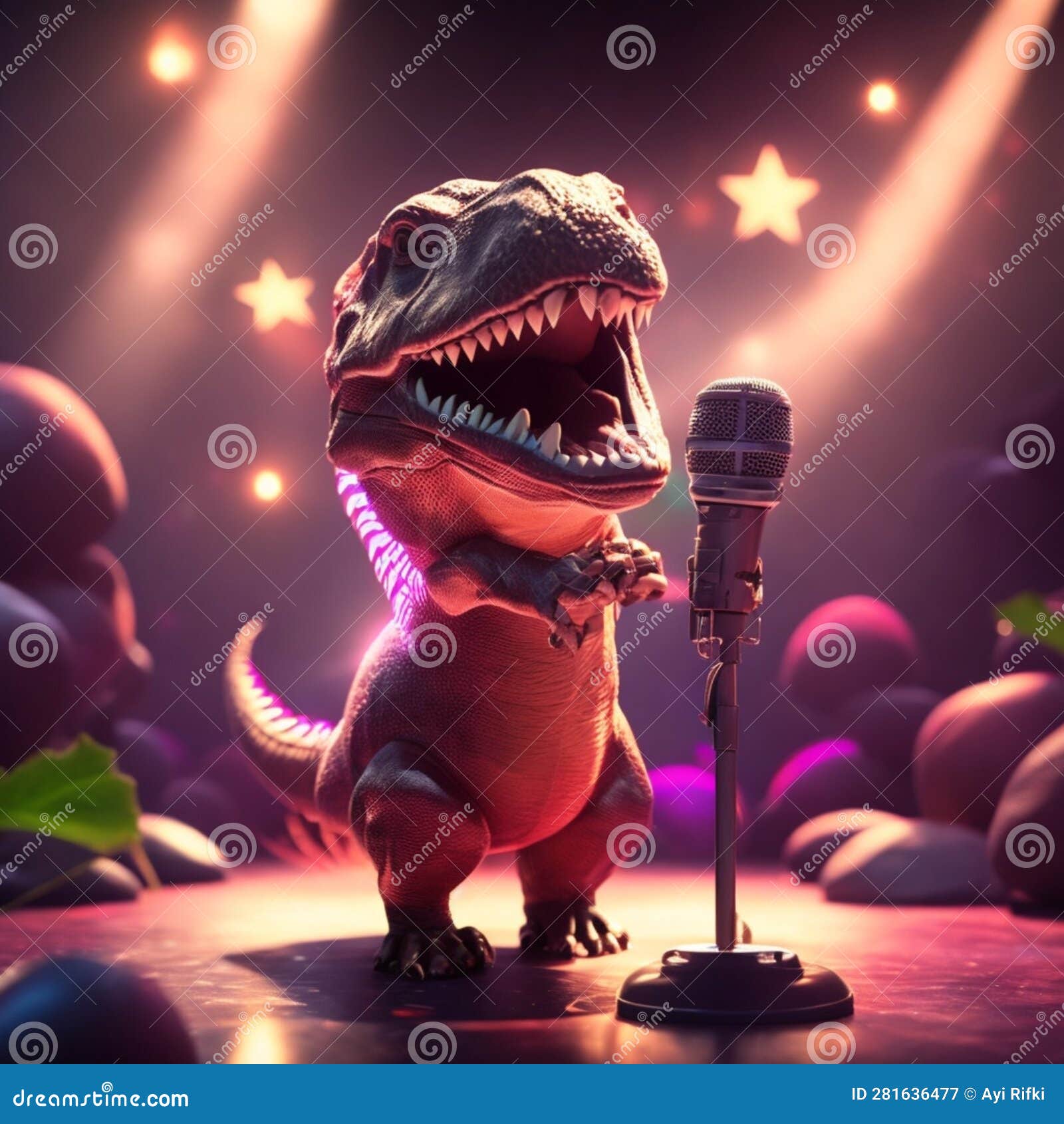 Dinosaur Singing into a Microphone on Stage with Lights in the ...