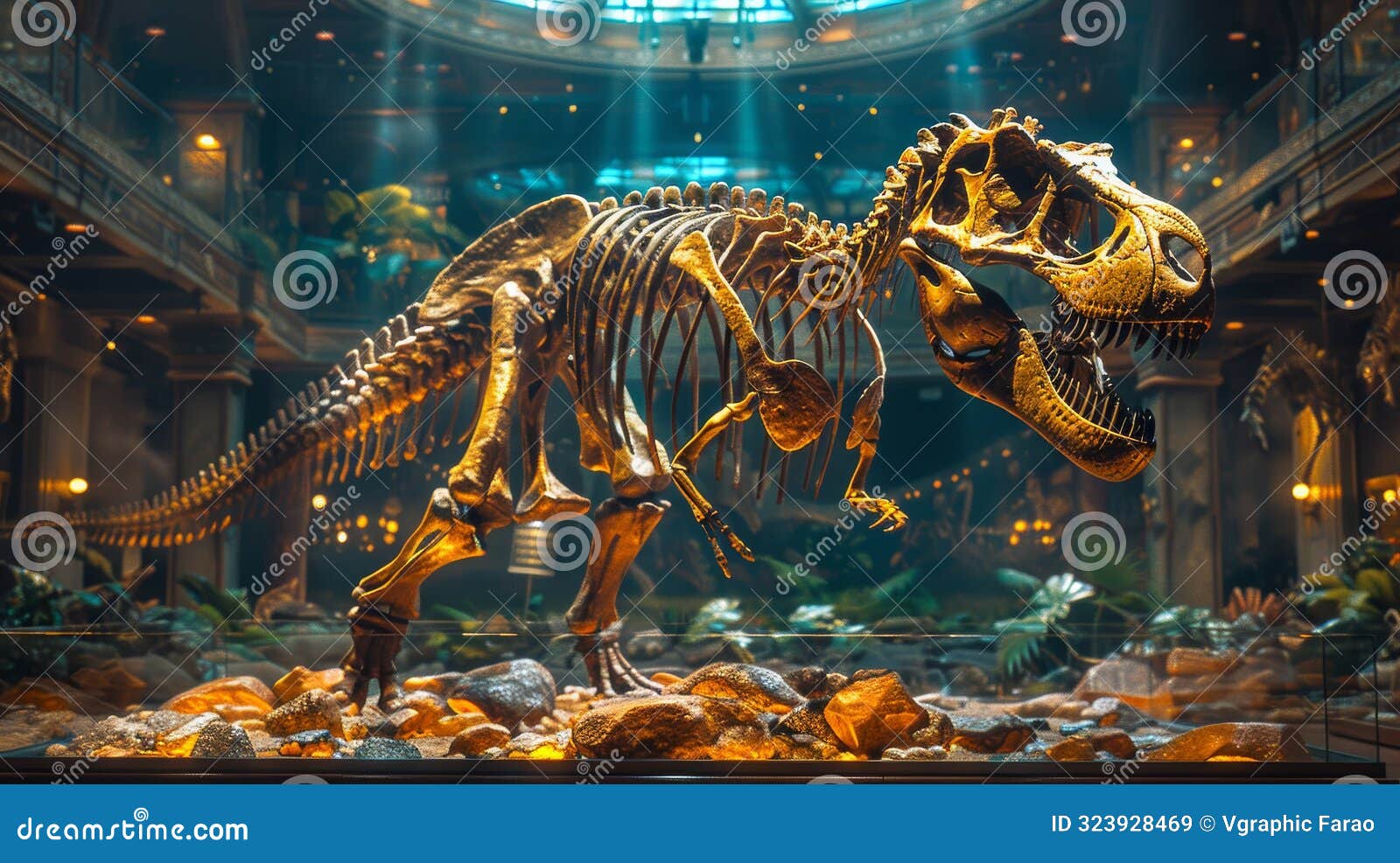Dinosaur Skeleton Display in a Museum with Dramatic Lighting ...