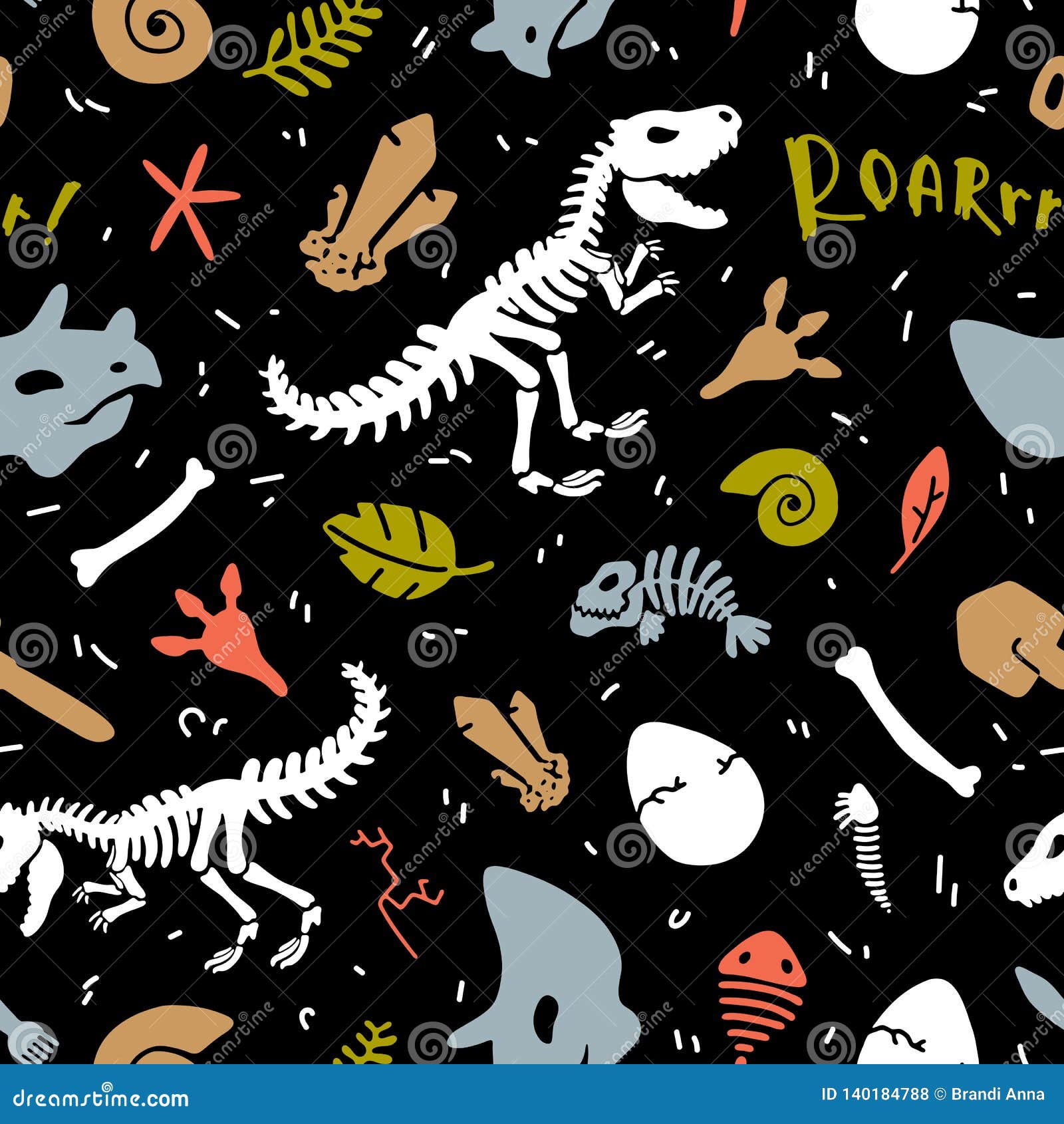 Dinosaur Skeleton and Fossils. Vector Seamless Pattern. Colorful. Stock ...