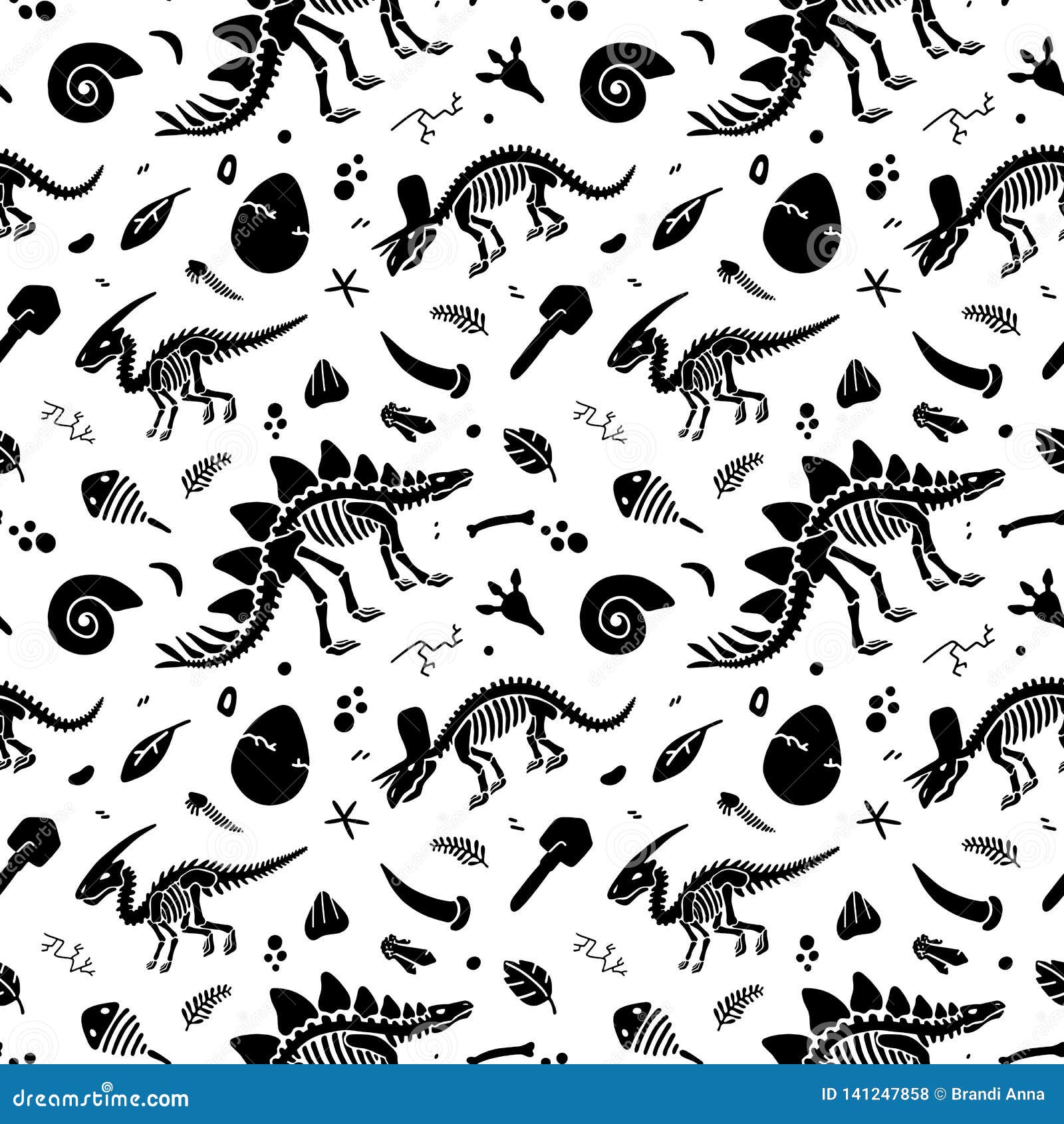Dinosaur Skeletons and Fossils. Vector Seamless Pattern. Stock Vector ...
