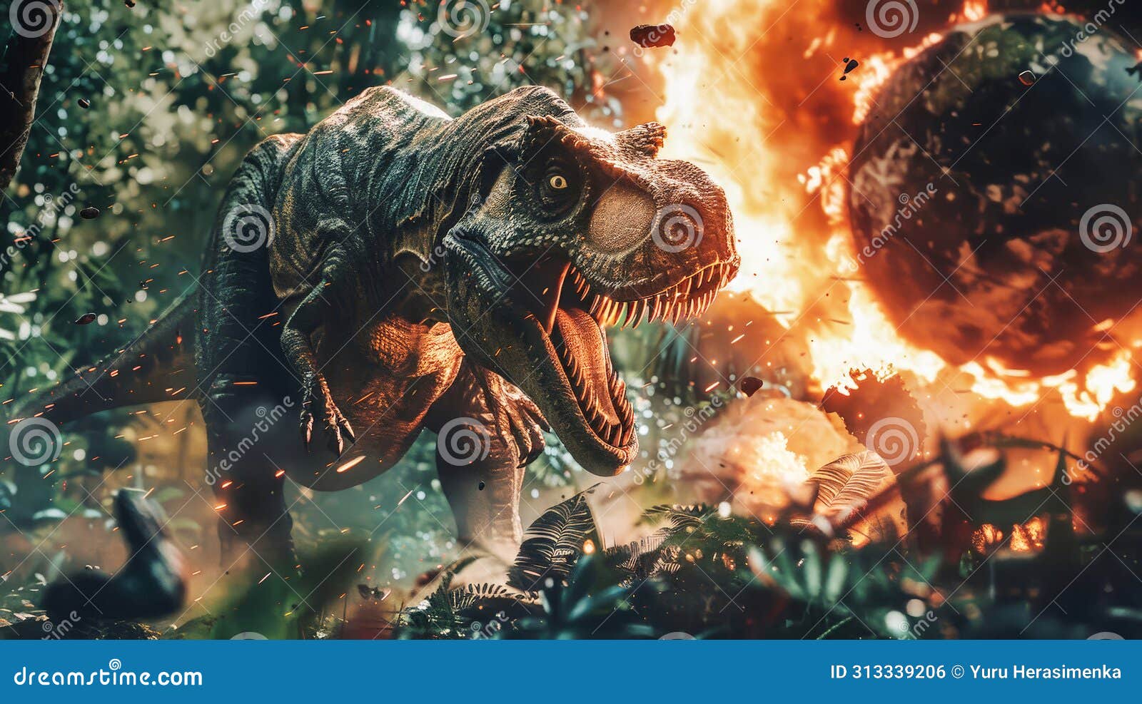 A Dinosaur Standing in a Forest with a Fiery Explosion in the ...