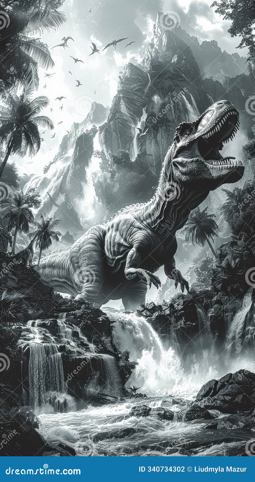 Dinosaur is Standing in Front of a Waterfall in a Jungle Stock Photo ...