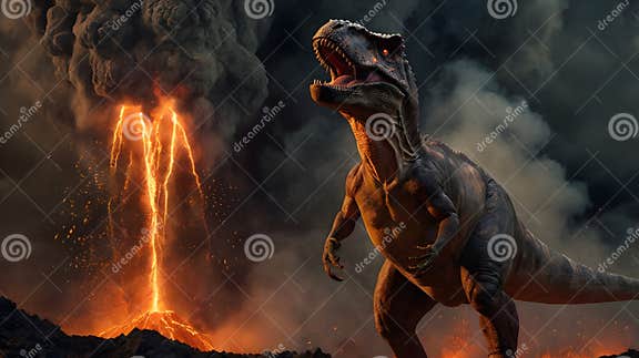 A Dinosaur Stands Near a Volcanic Eruption, Showcasing a Dramatic ...
