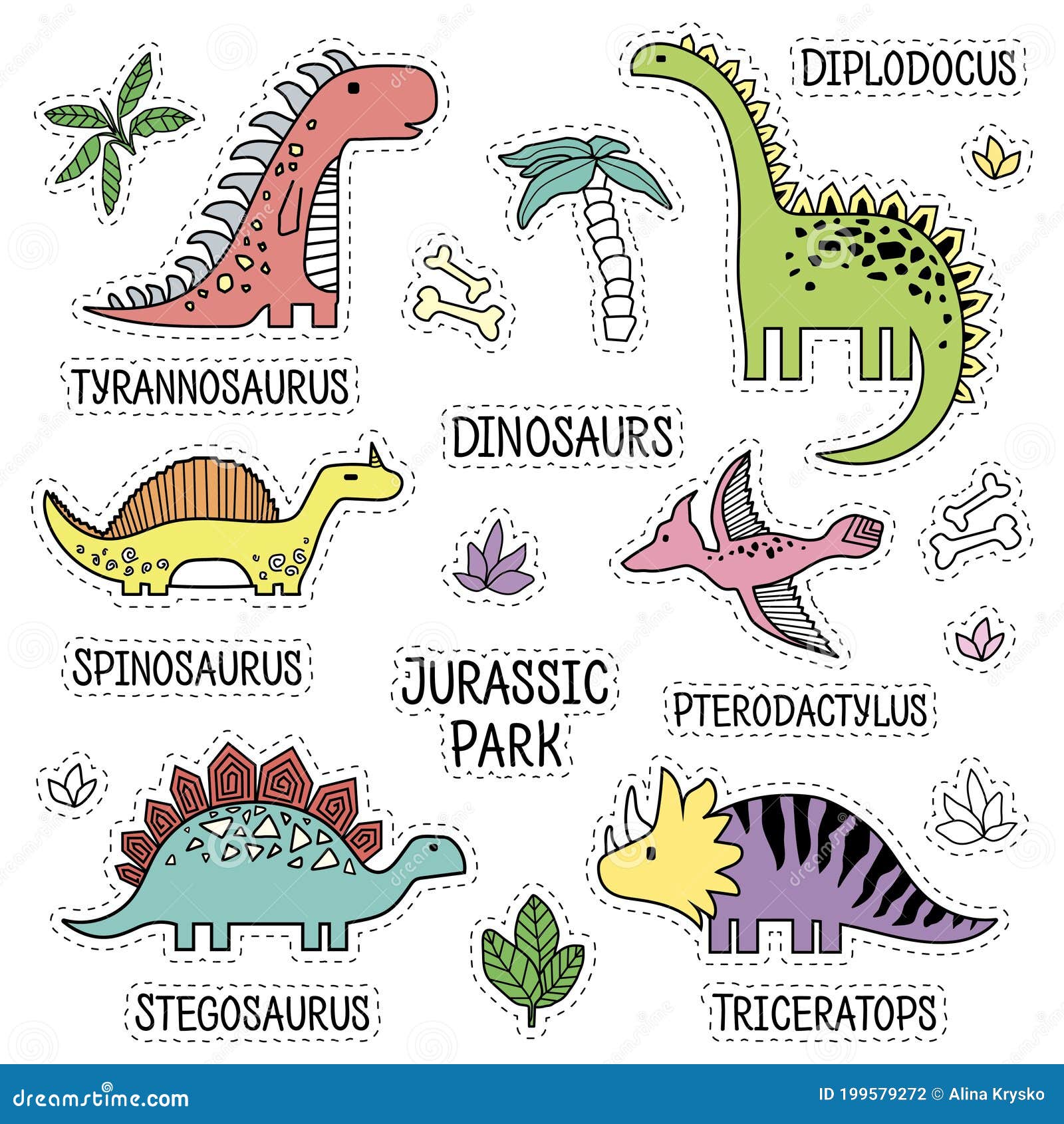 Set of Cartoon Hand Drawn Dinosaur Stickers Stock Vector - Illustration ...