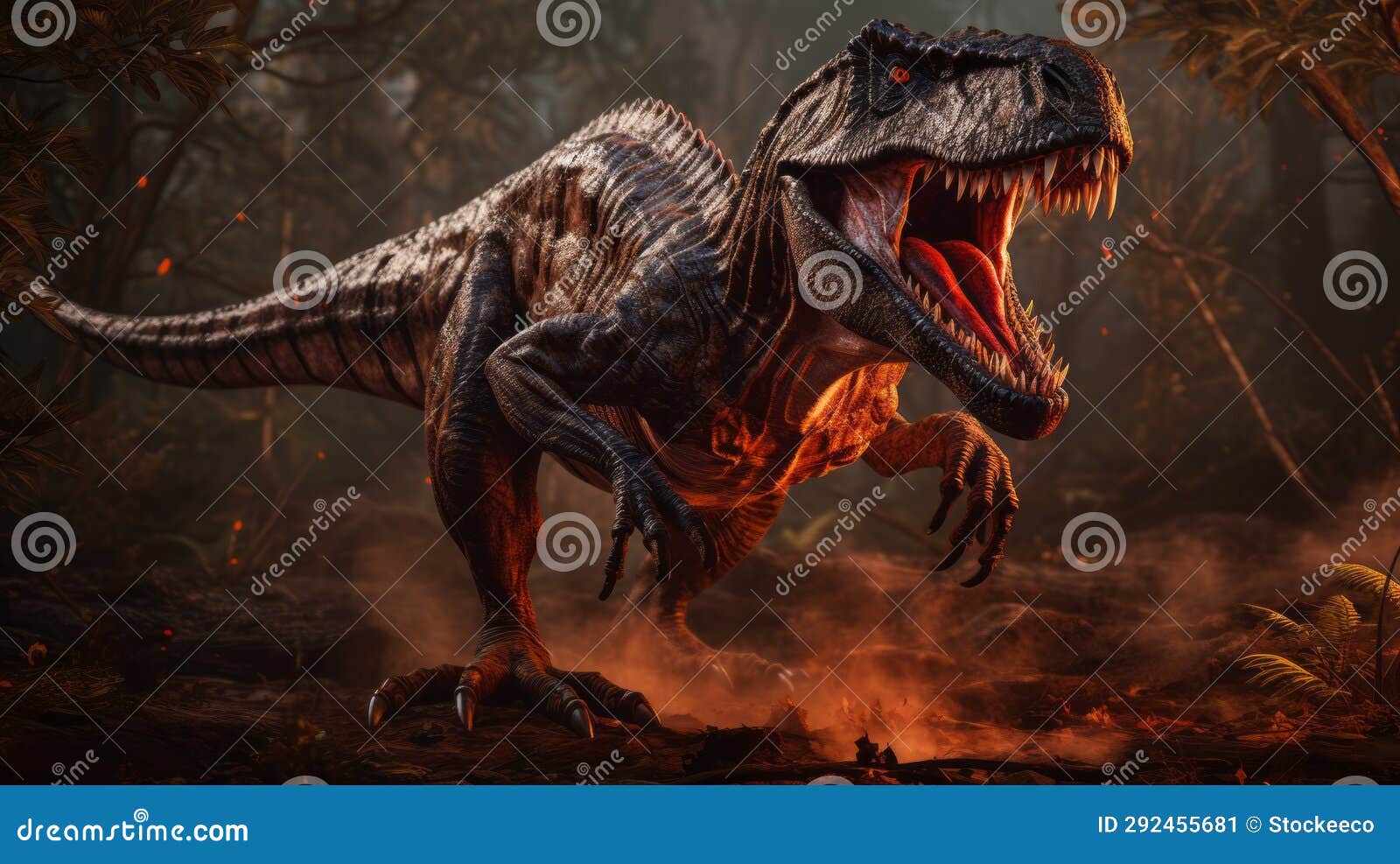 Fiery Antarctic T-rex Roaming Woodland: Bold Character Design with ...