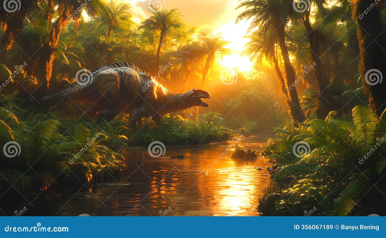 Dinosaur Sunset Jungle River Prehistoric Scene Stock Illustration ...