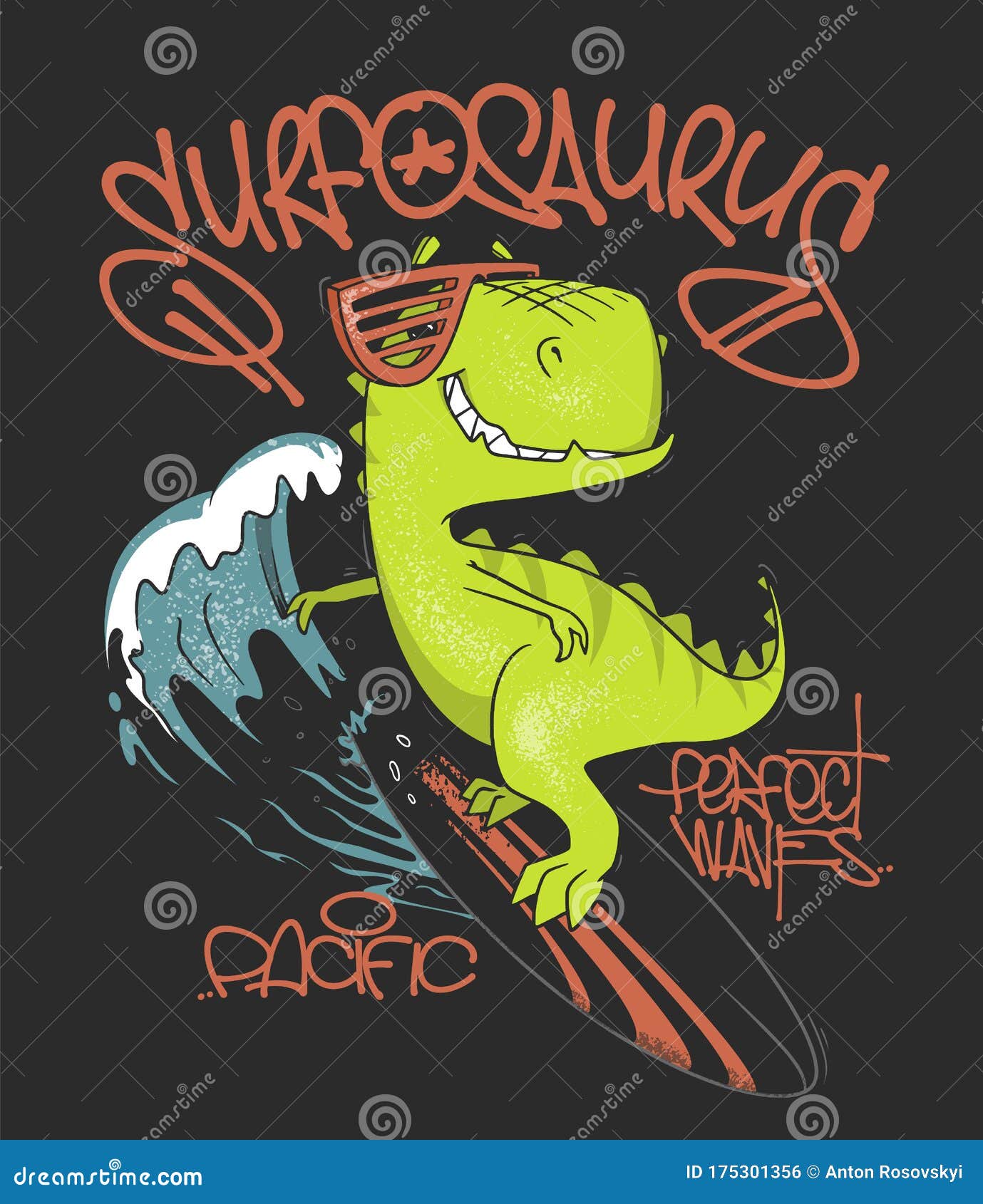 Dinosaur Surfer Ride the Wave, on Surfboard. Vector Illustration. Stock ...