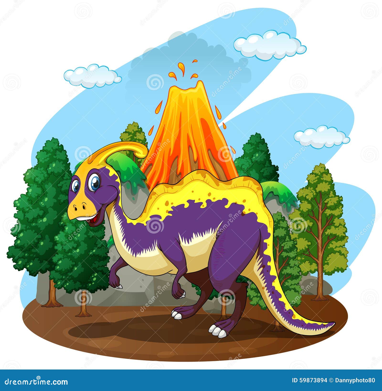 Dinosaur And Volcano Eruption Illustration Cartoon Vector ...