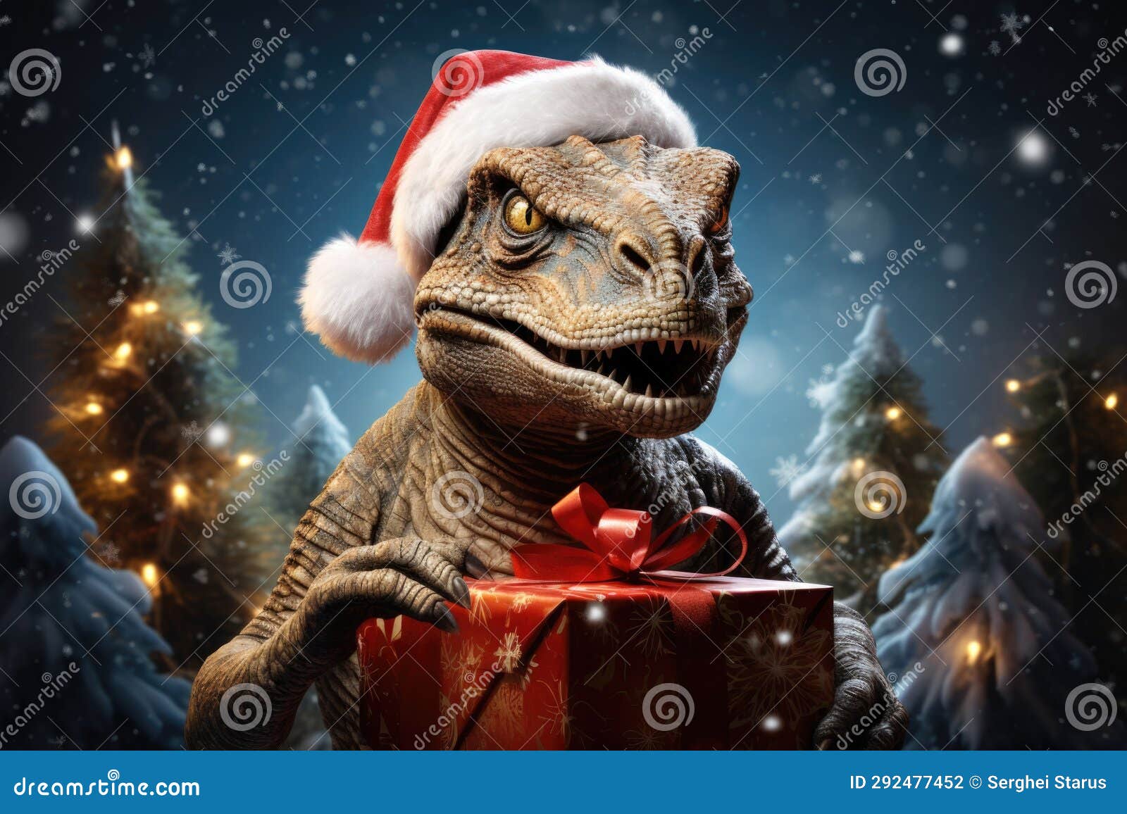A Dinosaur Wearing a Santa Hat Holding a Gift, AI Stock Illustration ...