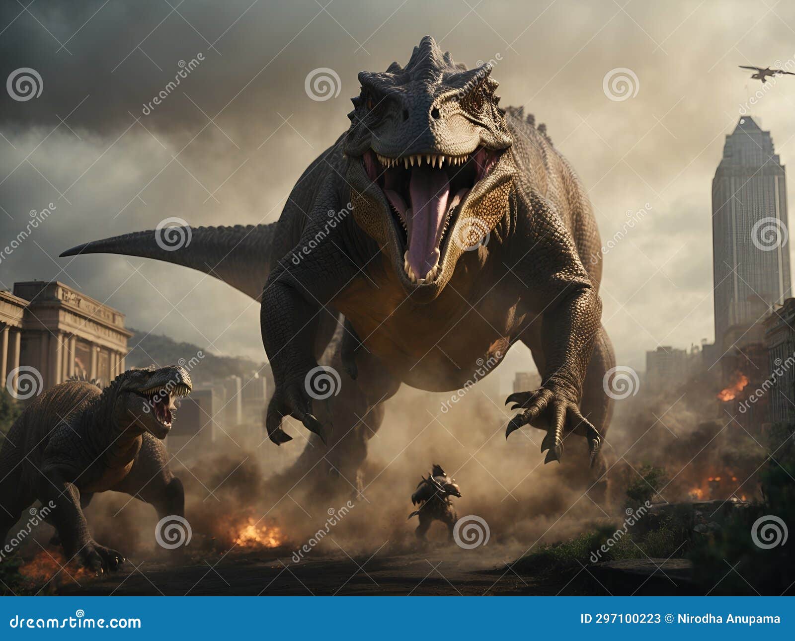 A Dinosaurs Attacking a City Stock Illustration - Illustration of ...