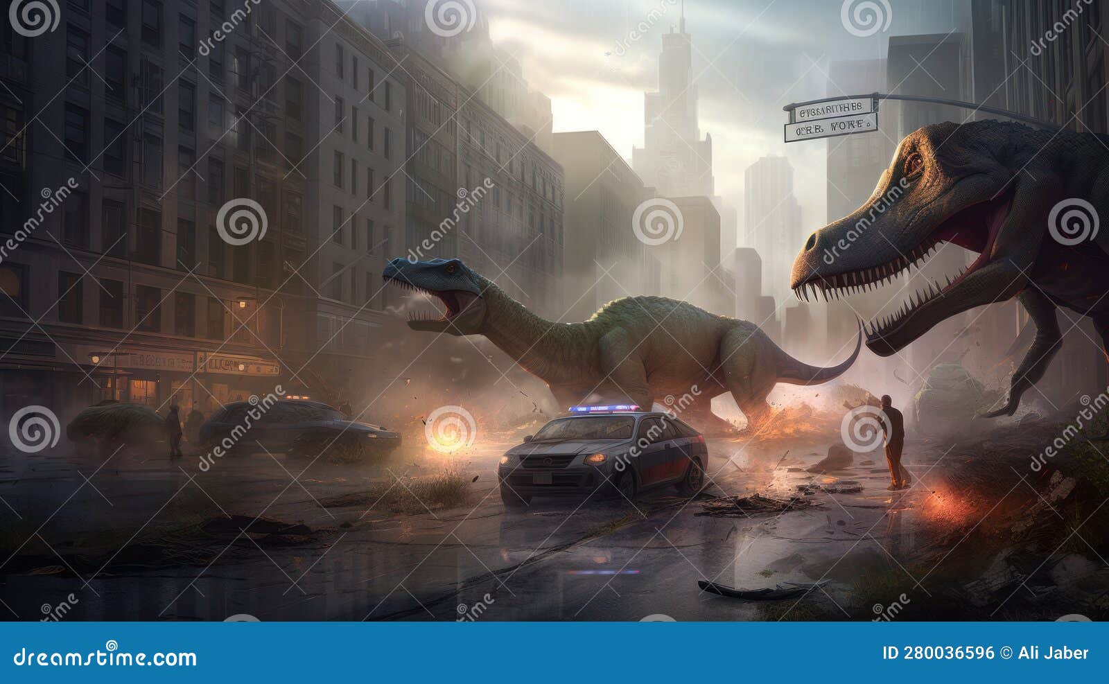 A Dinosaurs Attacking a City Ai, Ai Generative, Illustration Stock ...