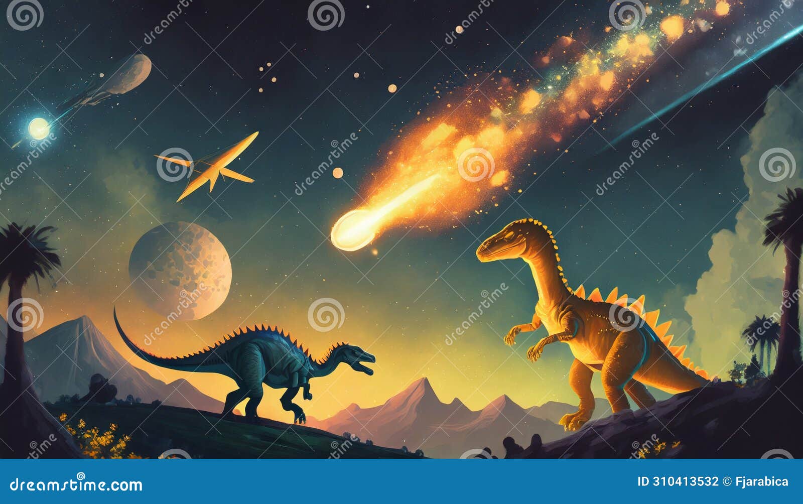 Dinosaurs with Falling Meteors Stock Illustration - Illustration of ...