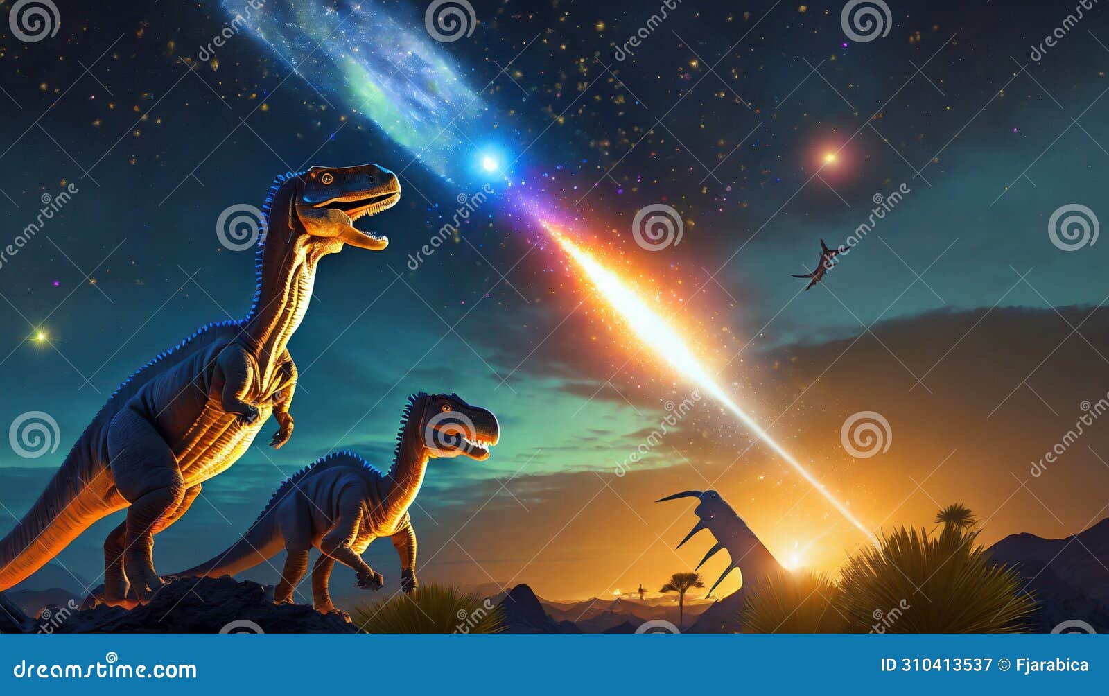 Dinosaurs with Falling Meteors Stock Illustration - Illustration of ...