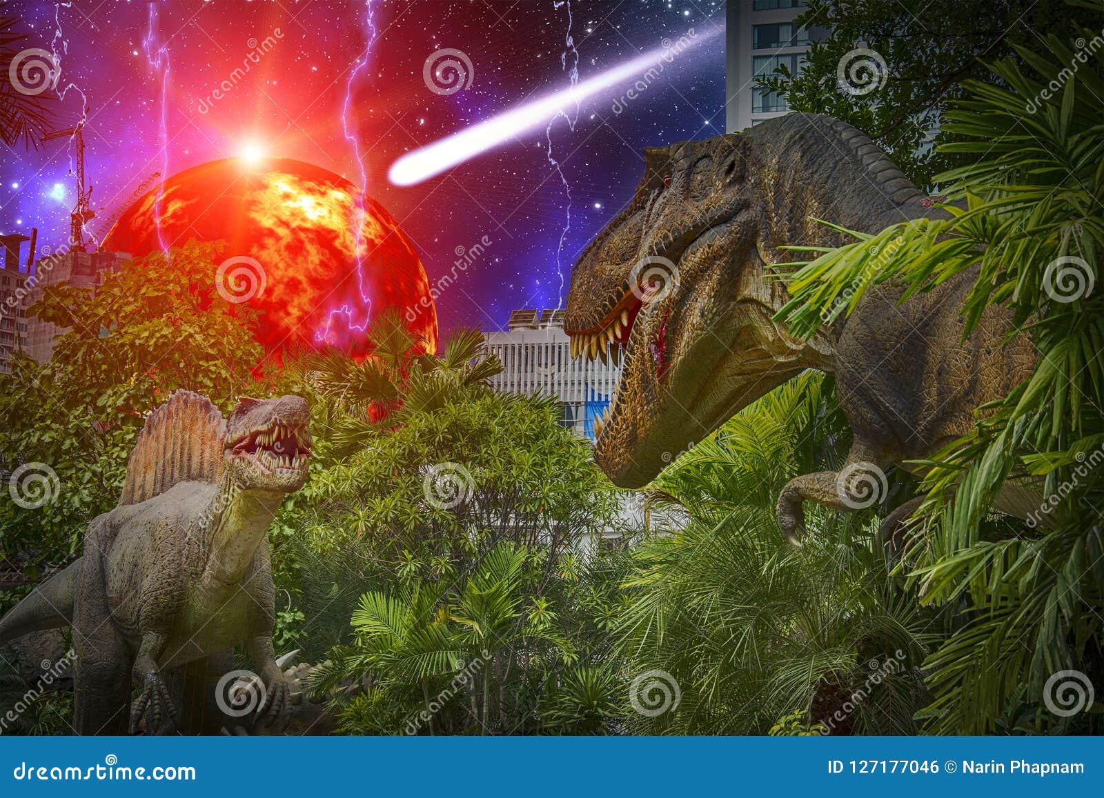 Dinosaurs Fighting during the End of Earth Stock Photo - Image of earth ...