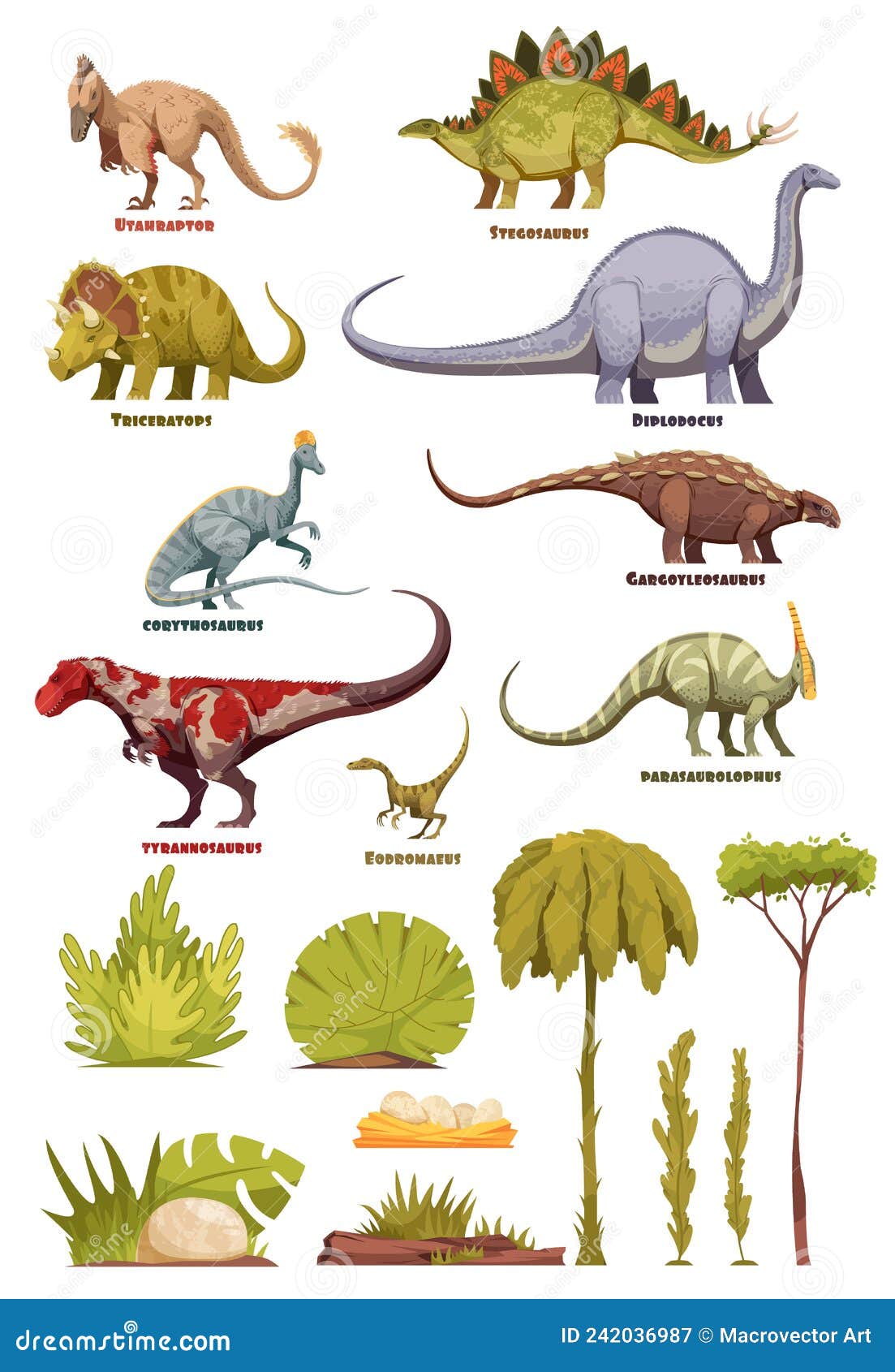Dinosaurs and Flora Landscape Elements Stock Vector - Illustration of ...