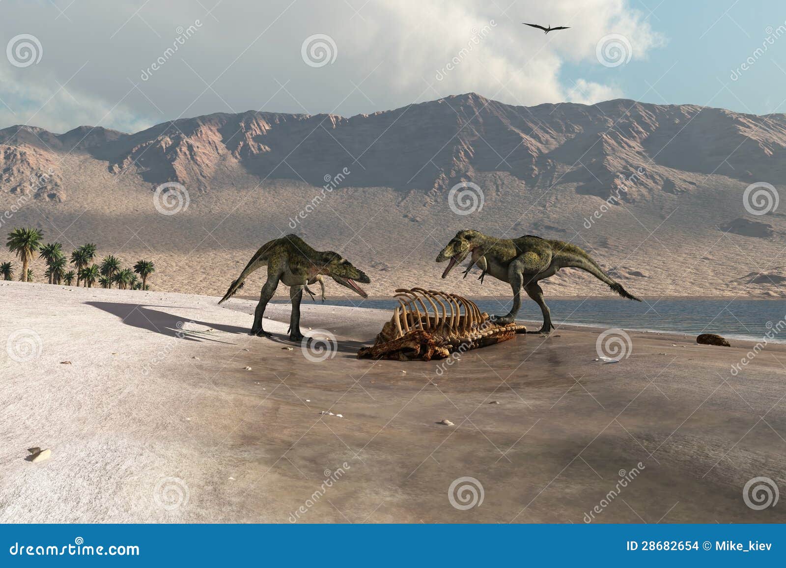 Dinosaurs Foraging on the Beach Stock Illustration - Illustration of ...