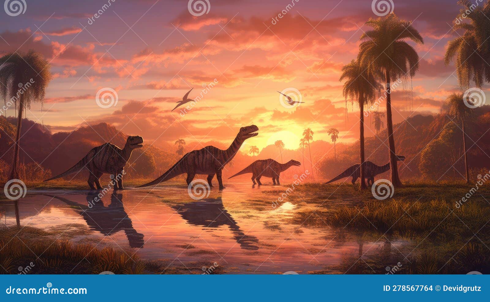 Dinosaurs Landscape at Sunset. Generative AI Stock Illustration ...
