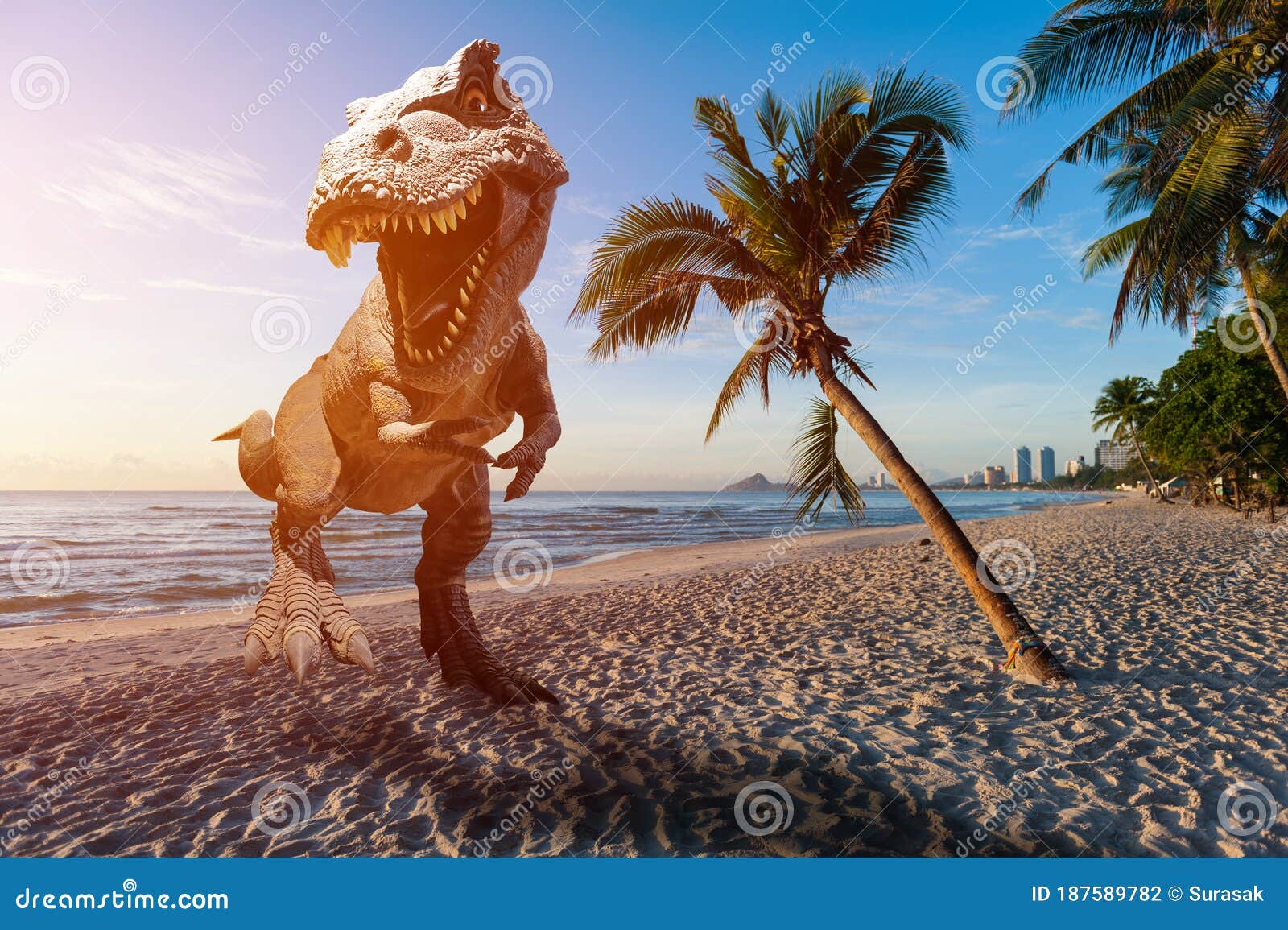Dinosaurs Model on the Beach at Morning Stock Photo - Image of extinct ...