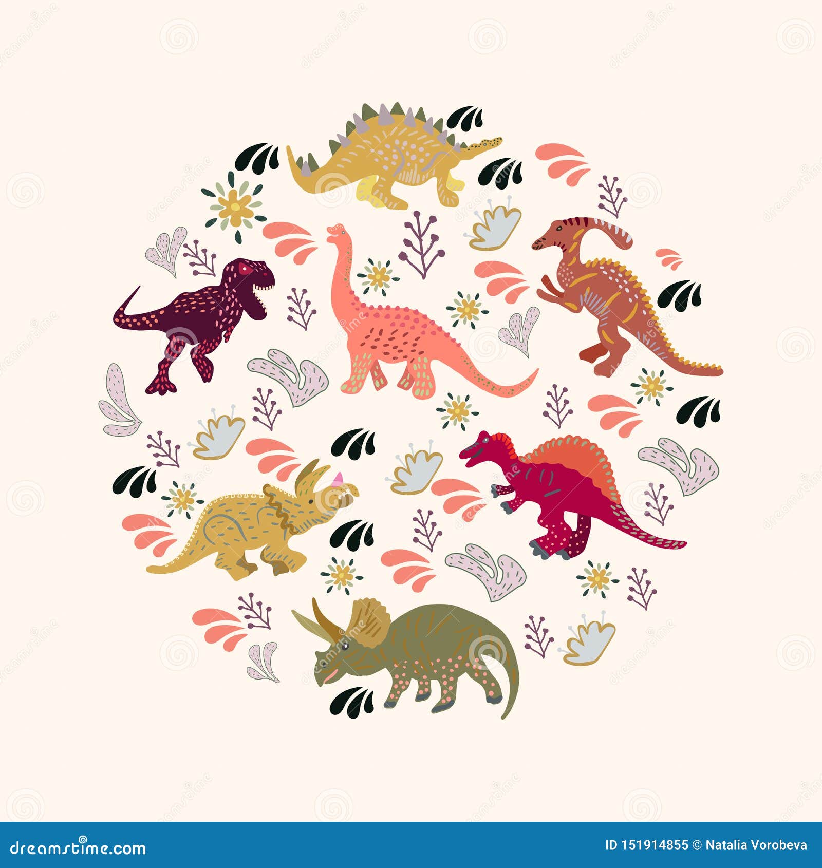 Dinosaurs Round Flat Hand Drawn Composition. Stock Vector ...