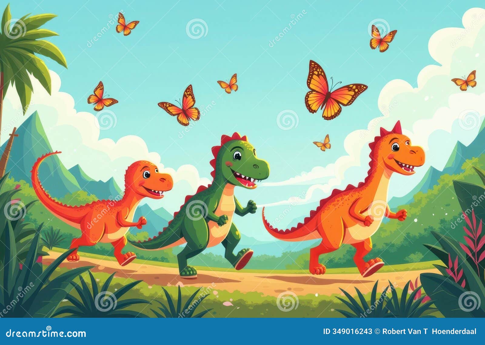 Dinosaurs Running Behind Butterflies at 8-12-2024 Stock Illustration ...