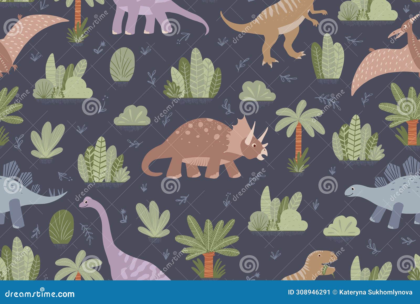 Dinosaurs Seamless Vector Pattern, Line Art Dinosaurs Kids Seamless ...