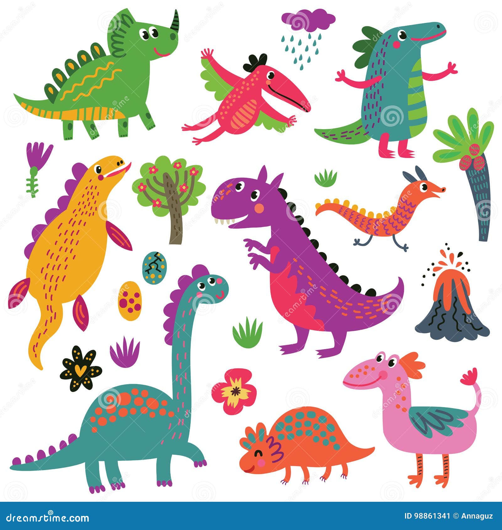 Dinosaurs Vector Set Isolated On Dark. Dinosaurs Animal Predators And ...