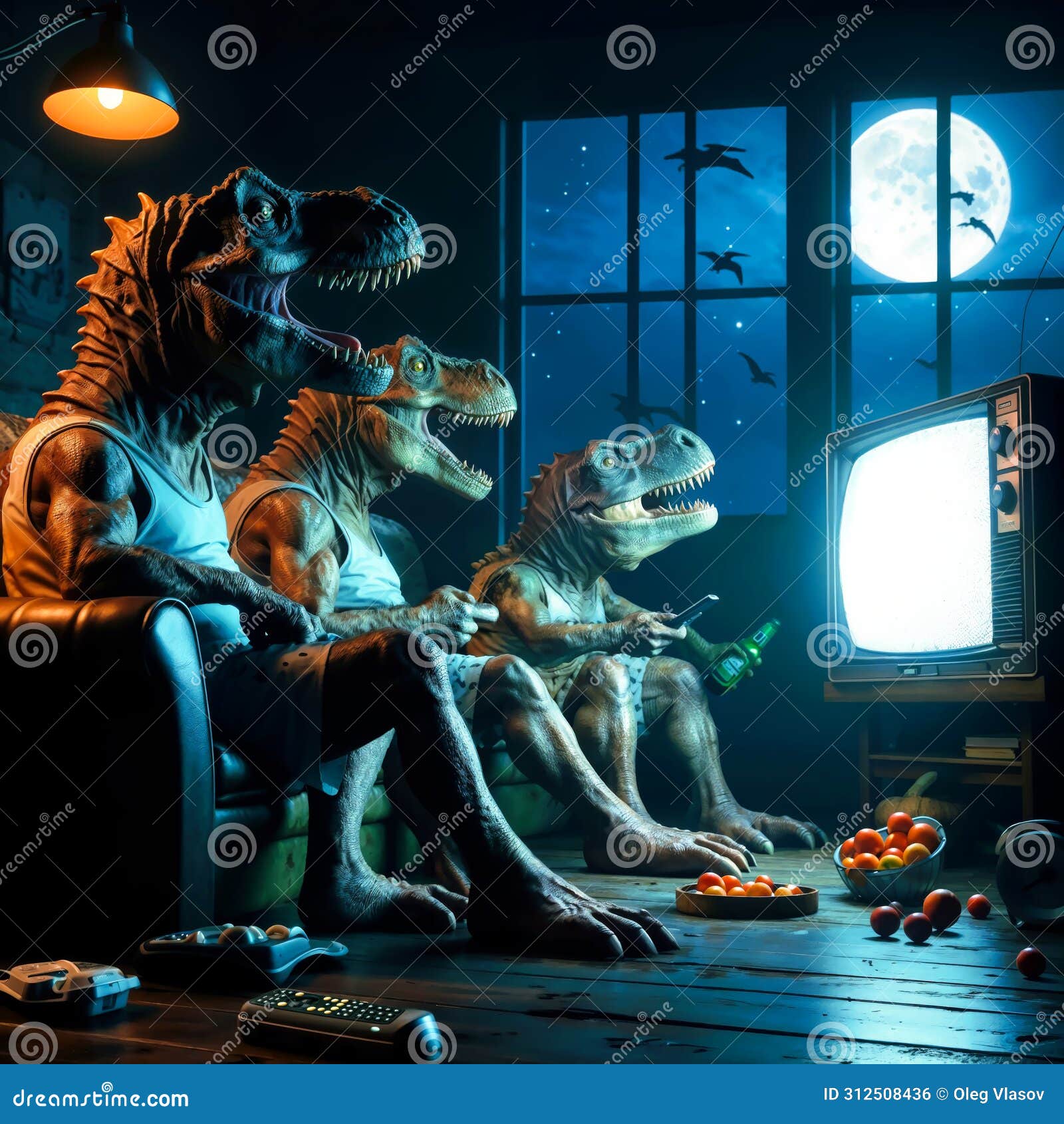 Dinosaurs Watching TV at Night Stock Illustration - Illustration of ...