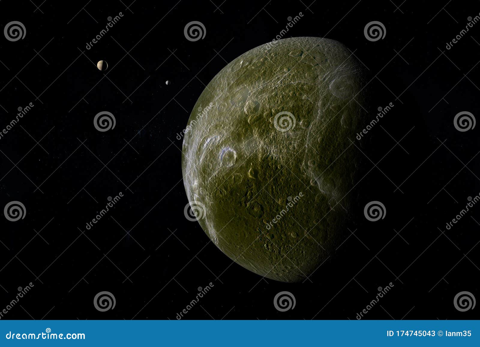 Dione, Saturn`s Moon, Rotating in the Outer Space. 3d Render Stock ...