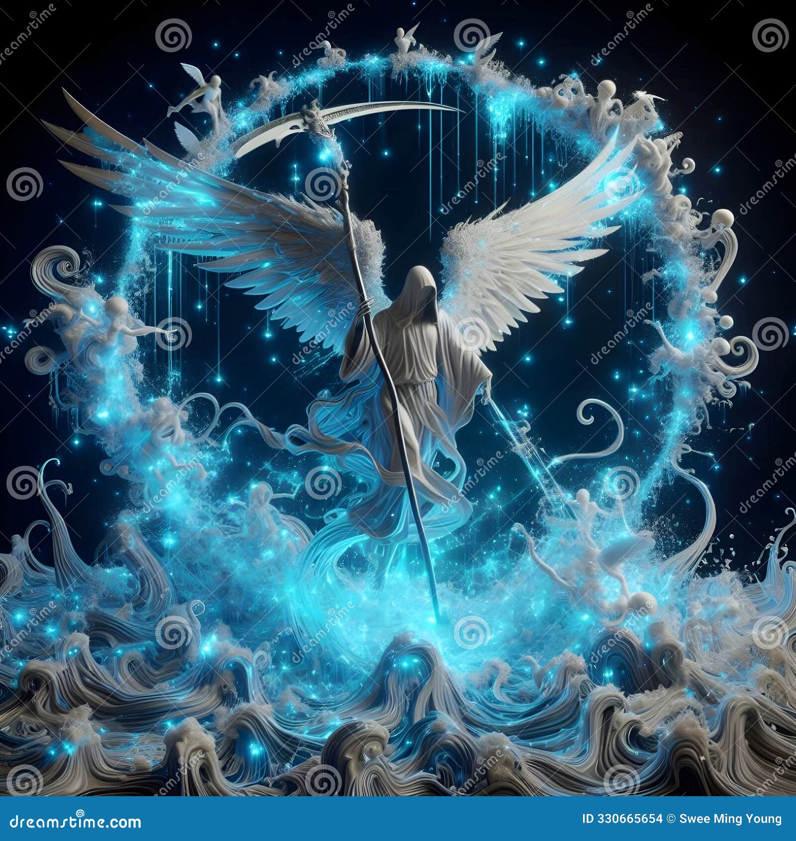 Diorama Angel of Death Holding a Scythe with Holographic Spirits and ...