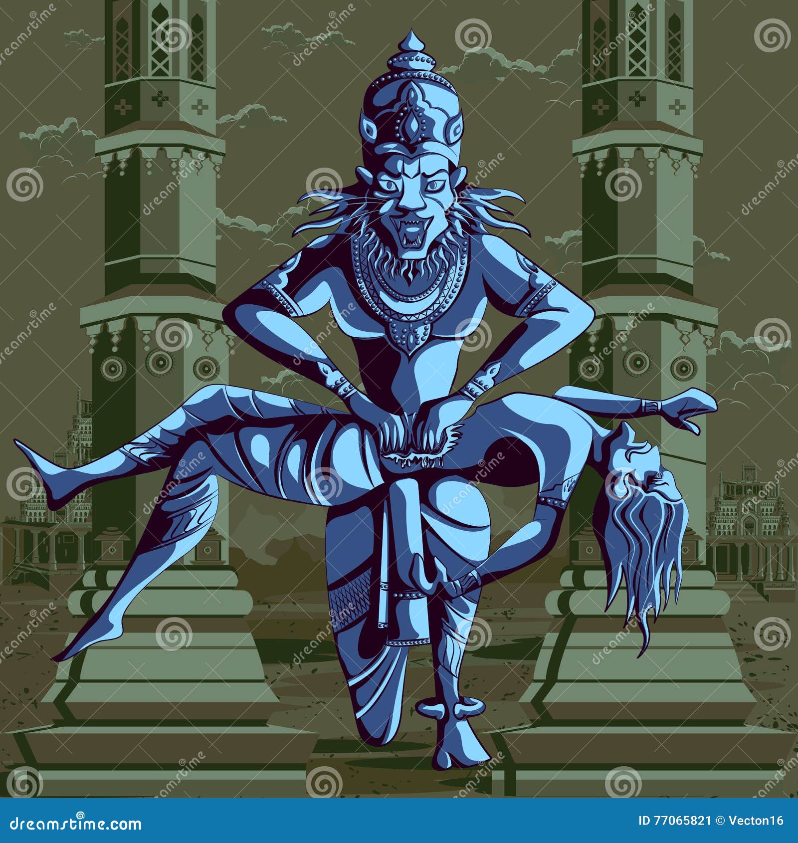 Dios Indio Narasimha Que Mata a Hiranyakashipu Ilustración del Vector ...