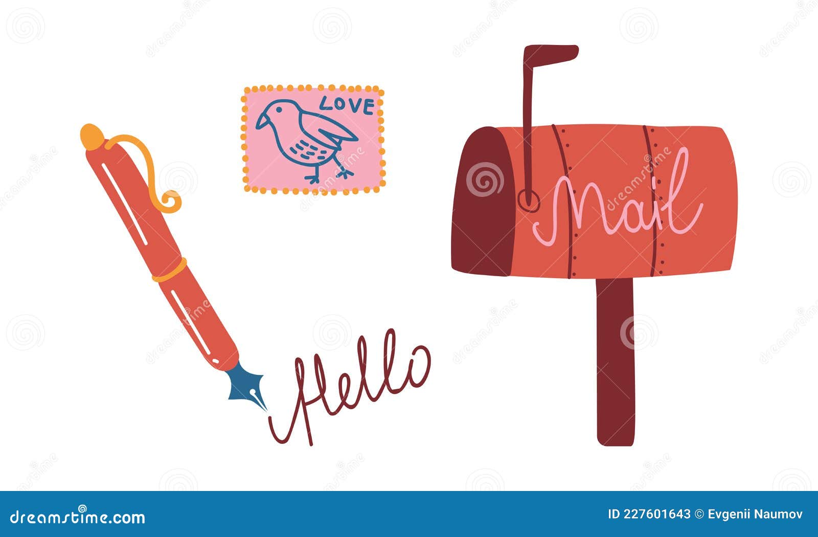 Dip Pen and Mail Box with Postage Stamp As Postal Symbol Vector Set ...
