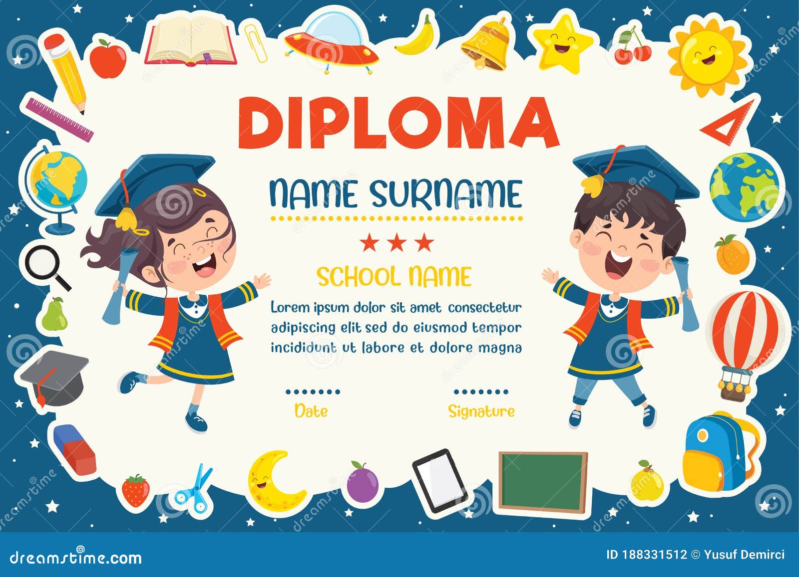 Certificate Kids Diploma, Kindergarten Template Layout Space Background ... Certificate Kids Diploma, Kindergarten Template Layout Space Background ...
