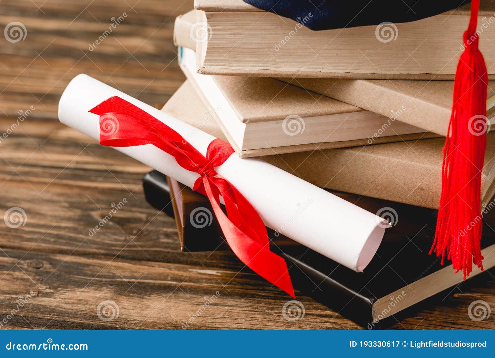 Diploma with Ribbon and Stack of Books Stock Image - Image of surface ...