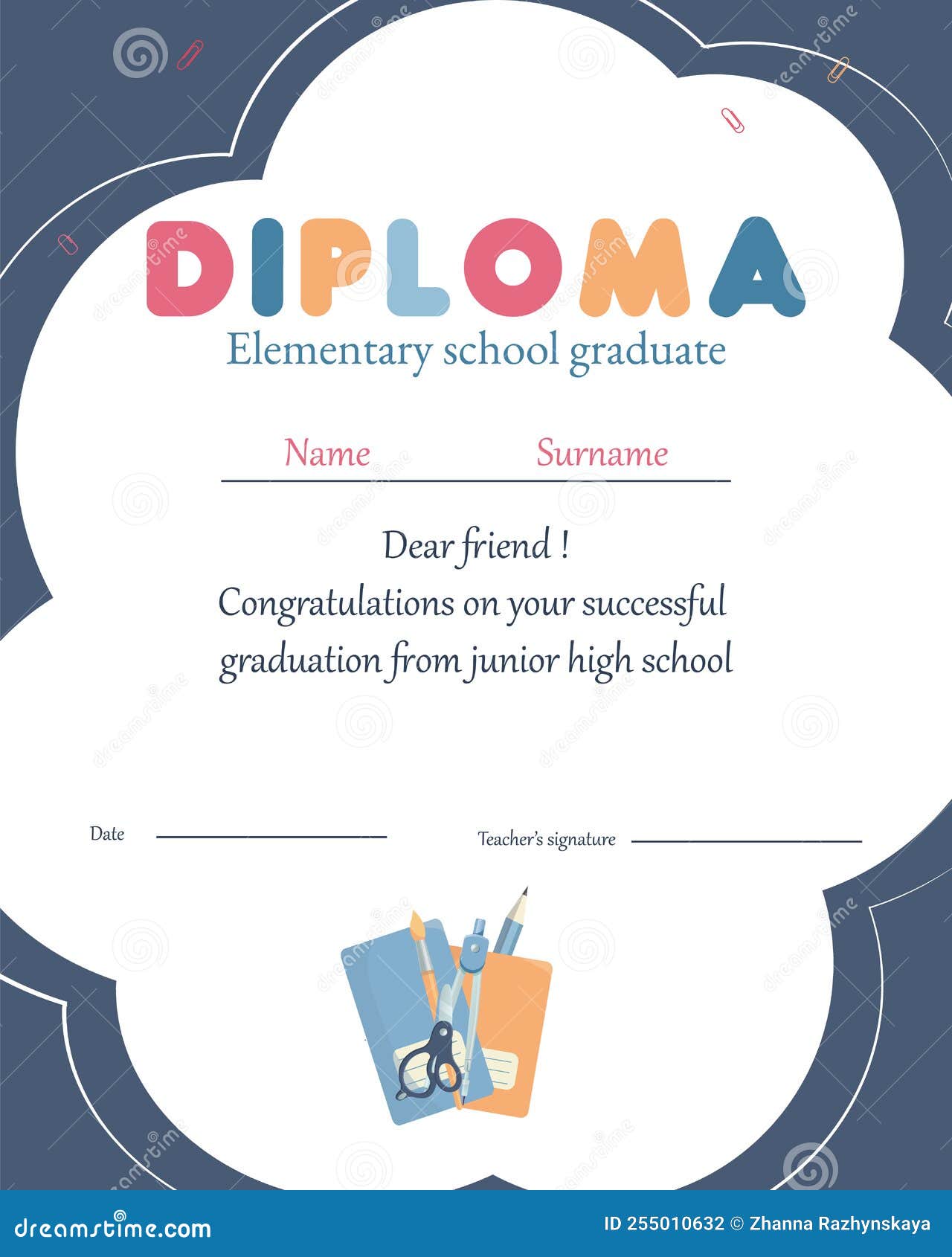 Diploma Template for Elementary School.Vector, Ready To Print Stock ...