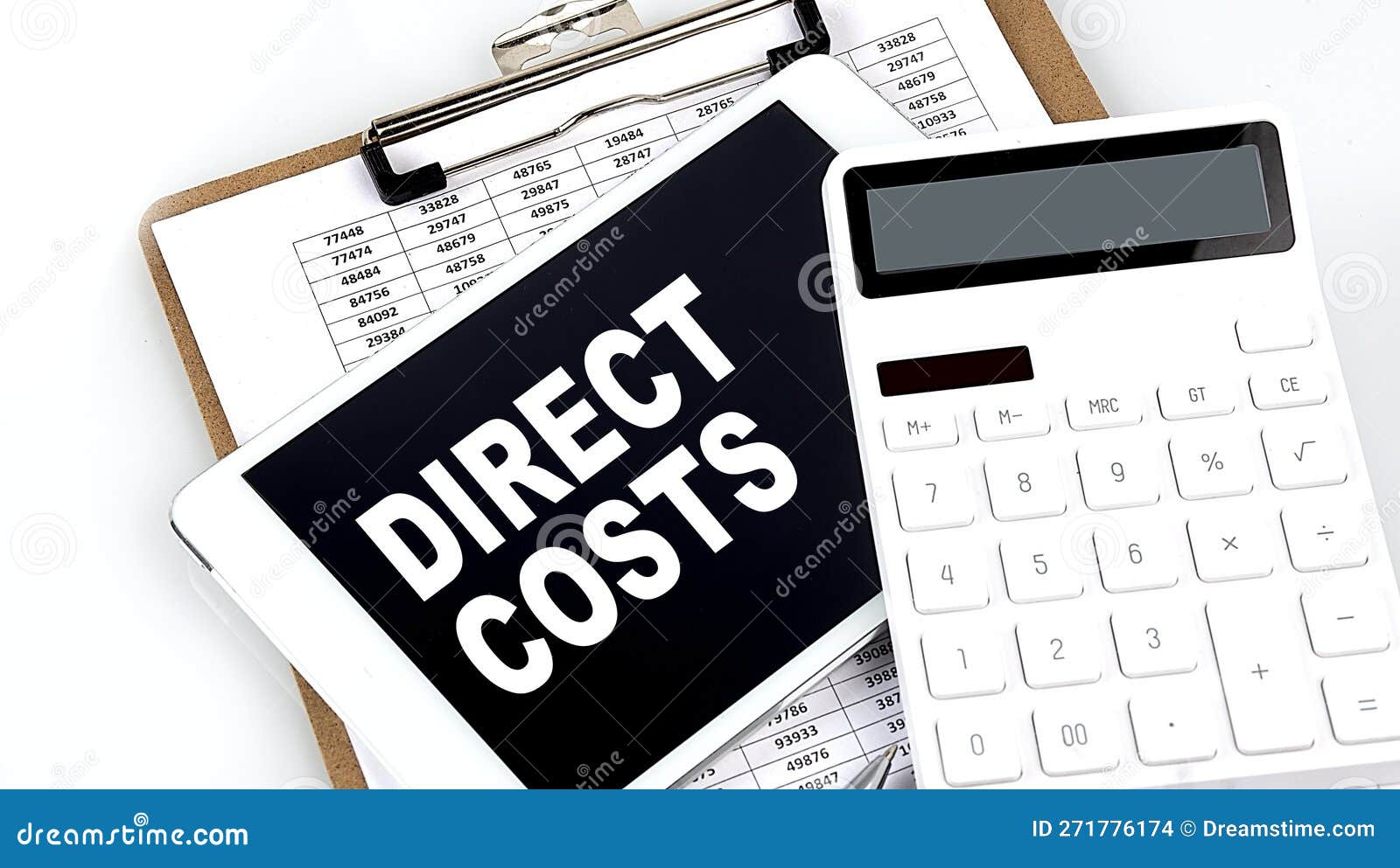 DIRECT COSTS Text on a Tablet with Chart, Calculator and Pen Stock ...