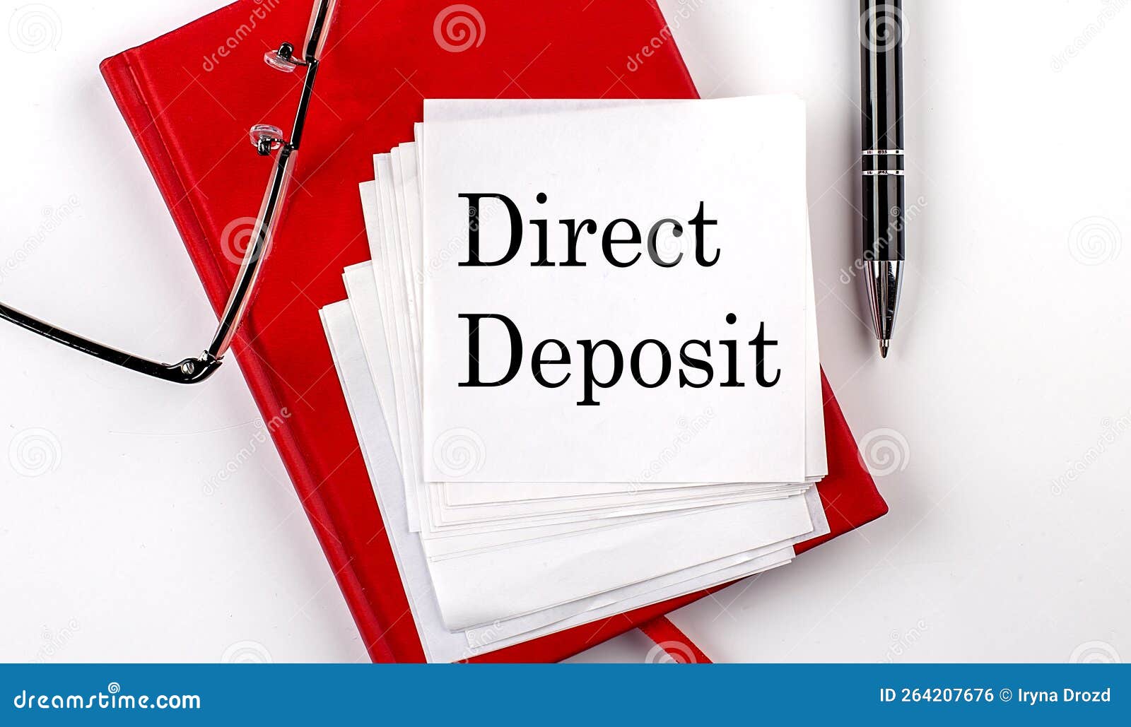 DIRECT DEPOSIT Text on Sticker on Red Notebook with Pen and Glasses ...