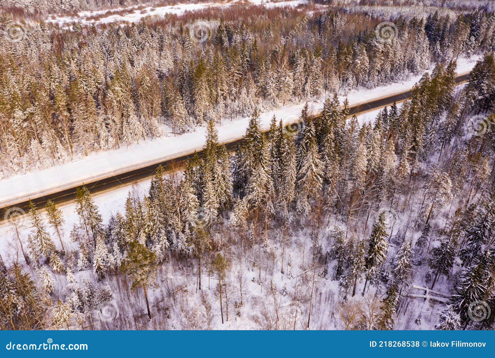 Direct Road through Winter Forest. View from Above Stock Photo - Image ...