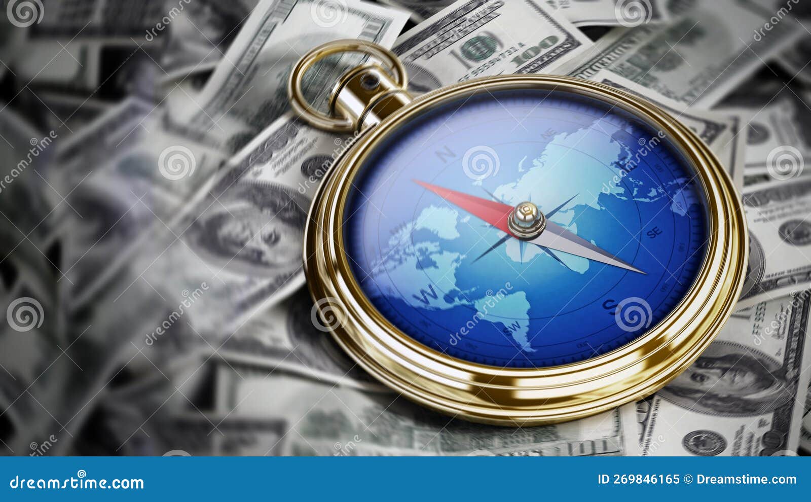 Direction of the Money Concept with Compass on Dollar Pile. 3D ...