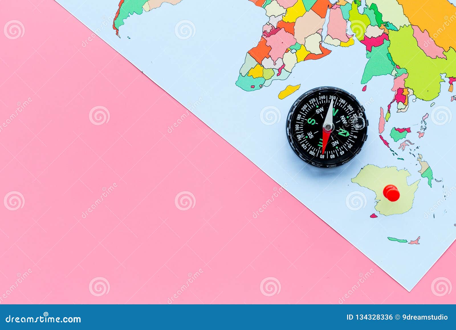Direction of Movement, Travel Direction. Compass and Map on Pink ...
