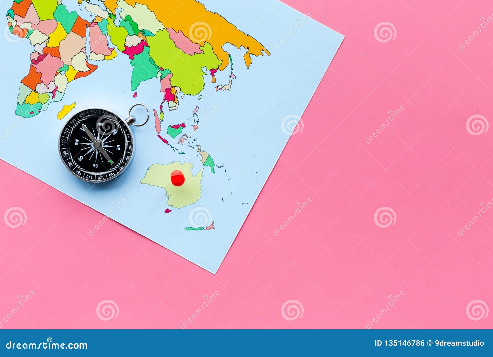 Direction of Movement, Travel Direction. Compass and Map on Pink ...