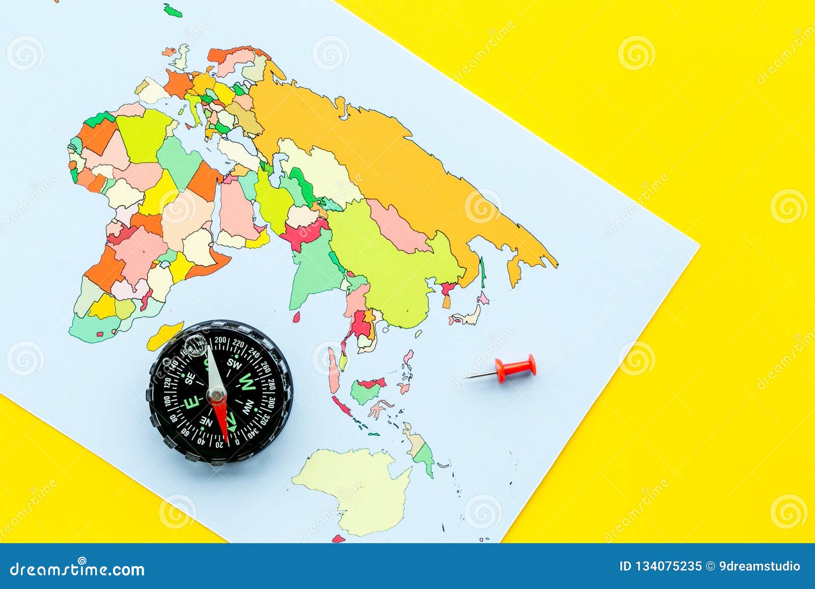 Direction of Movement, Travel Direction. Compass and Map on Yellow ...