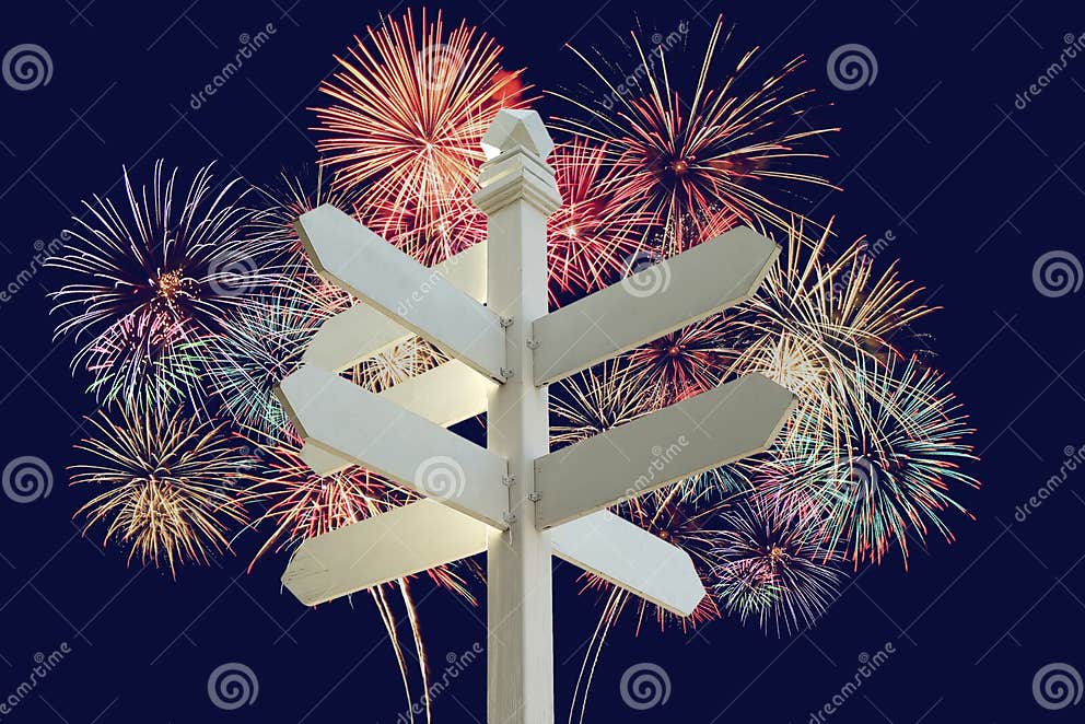 Direction Sign with Celebrate Firework Background Stock Photo - Image ...