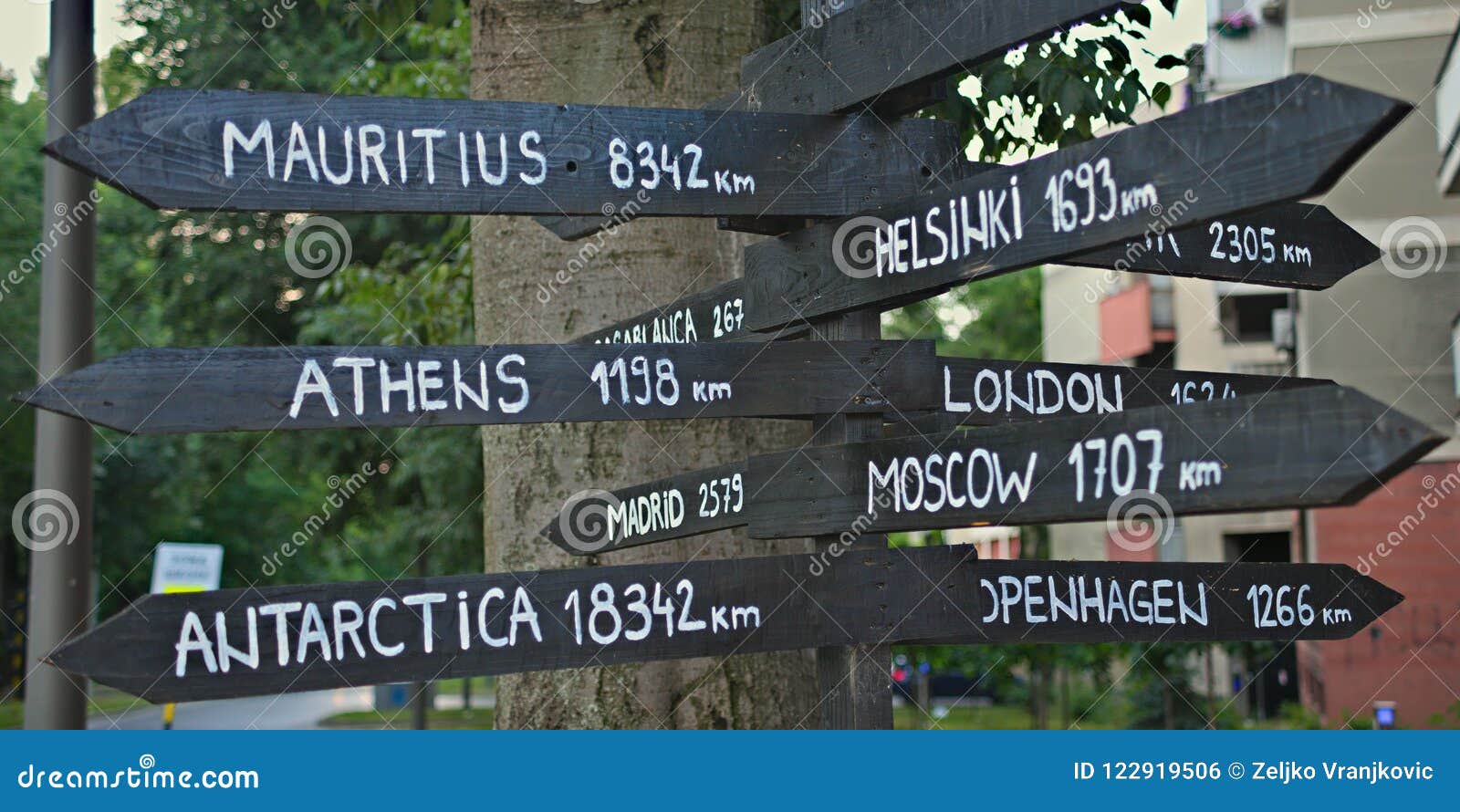 Direction Signs To Various Distant Places on Earth Stock Photo - Image ...