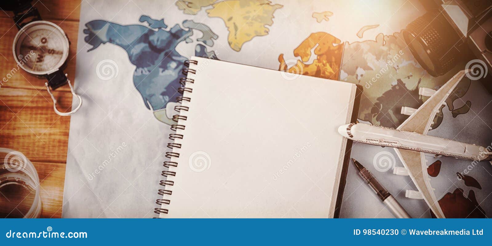 Directly Above Shot of Diary with Map and Camera Stock Photo - Image of ...