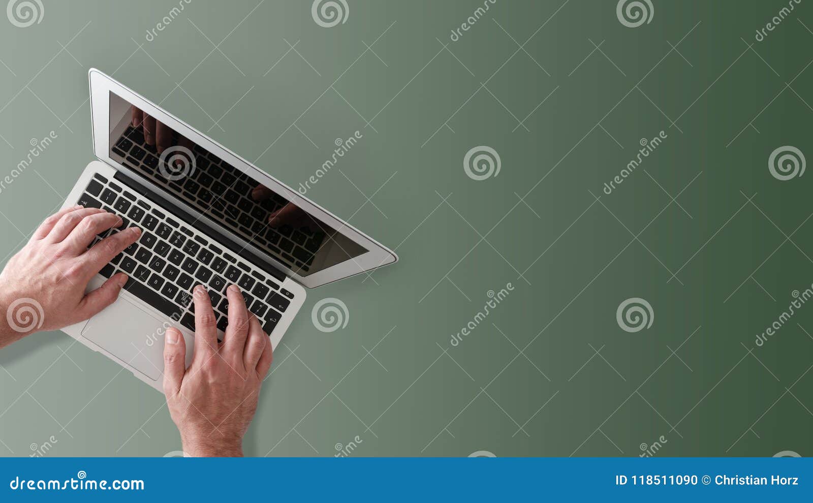 Directly Above Shot of Man Typing on Notebook Computer on Desktop Stock ...