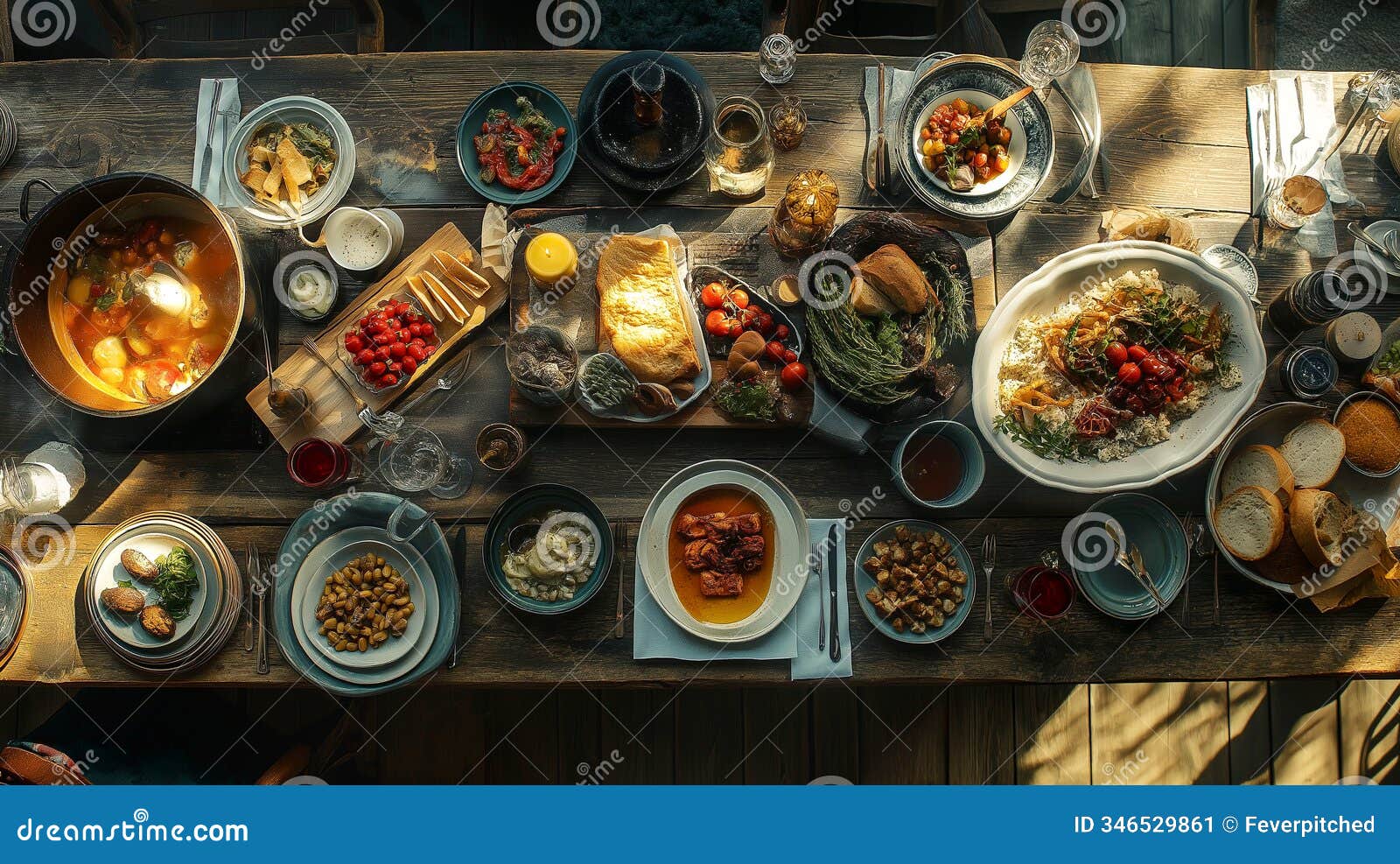 Direct Overhead a Table Filled with Delicious Food Ready for Dinner. Generative AI Stock ...