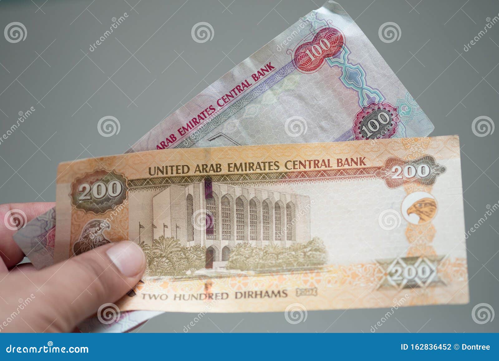 Dirham Banknote from the United Arab Emirates in Man Hand Stock Photo ...